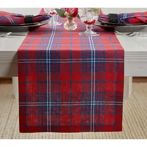 SOLINO HOME Linen Table Runnerred Tartan Plaid - Red And Navy