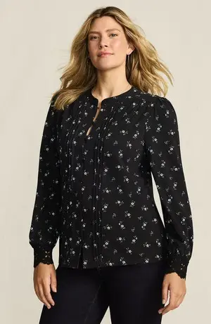 LANDS' END Lightweight Jersey Pintuck Top - Black/cobalt Tiny Floral