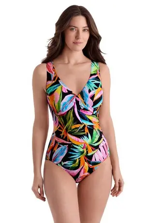 LONGITUDE Side Shirred Surplice Long Torso One-piece Swimsuit - Tropicana