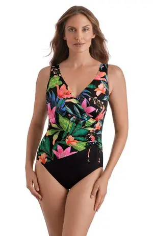 LONGITUDE Shirred Faux Tie Surplice One-piece Swimsuit - Midnight Pulmeria