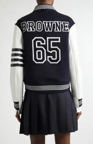 Thom Browne 4-bar Wool & Leather Varsity Jacket - Navy