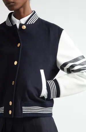 Thom Browne 4-bar Wool & Leather Varsity Jacket - Navy