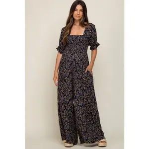 PINKBLUSH Floral Smocked Jumpsuit - Navy Blue