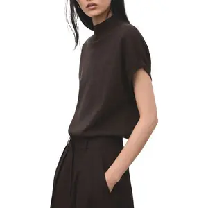 Mango Metallic Mock Neck Short Sleeve Sweater - Chocolate