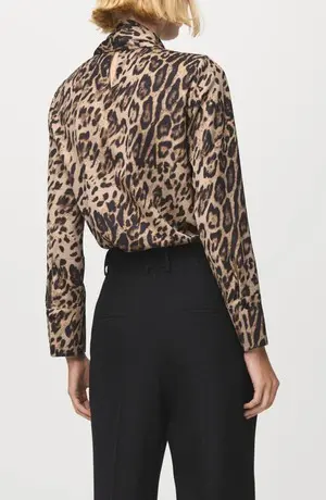 Mango Animal Print Scarf Neck Top - Black Brown