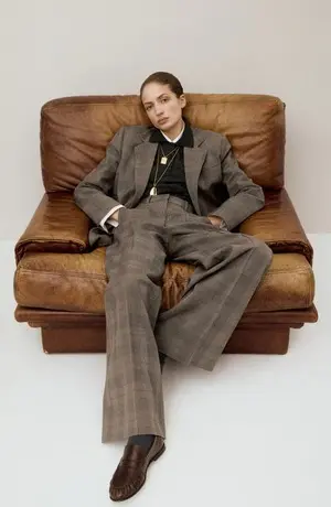 Mango High Rise Straight Leg Check Pants - Brown