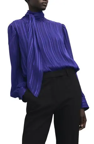 Mango Striped Satin Tie Neck Button Front Top