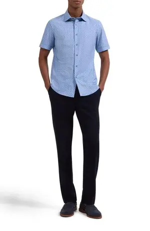 Bugatchi Miles Ooohcotton® Medallion Print Short Sleeve Button-up Shirt - Air Blue