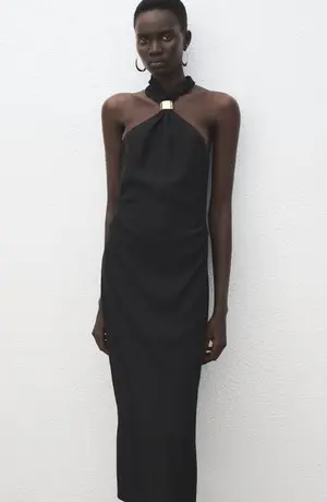 Mango Pleated Mock Neck Midi Dress