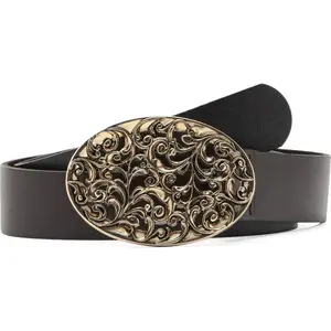 Mango Engraved Buckle Leather Belt - Chocolate