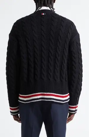 Thom Browne Rwb Cable Knit Wool Cardigan - Black