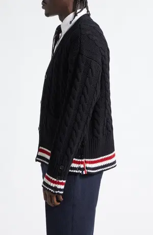 Thom Browne Rwb Cable Knit Wool Cardigan - Black