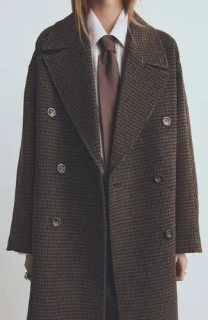 Mango Houndstooth Wool Blend Double Breasted Coat