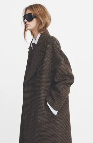 Mango Houndstooth Wool Blend Double Breasted Coat