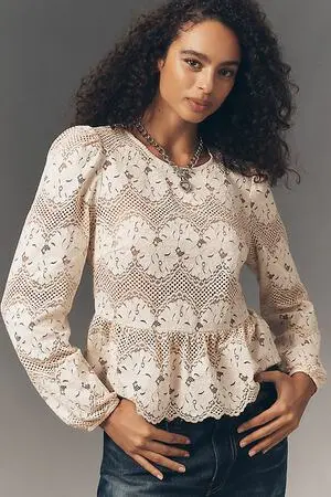 DOLAN LEFT COAST Peplum Lace Blouse - Ivory Pattern