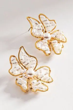 Anthropologie Beaded Floral Post Earrings - Pearl