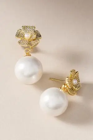 GEMELLI Flower Pearl Drop Earrings - Gold