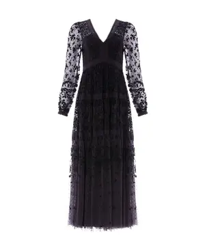 NEEDLE & THREAD Celestia Ribbon Long Sleeve Gown - Graphite