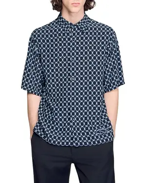 Sandro Link Print Loose Fit Shirt - Navy Blue