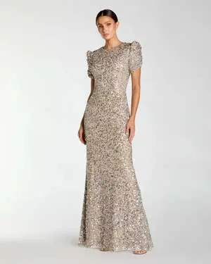 Mac Duggal Embellished Gown With Gathered Short Sleeves - Neutral