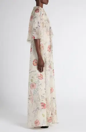 Alexander McQueen Floral Print Silk Cape Dress