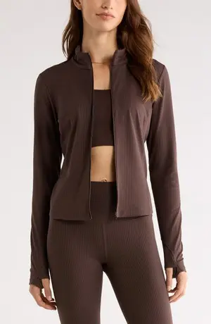Zella Thrive Rib Knit Zip Front Sweatshirt - Brown Mole