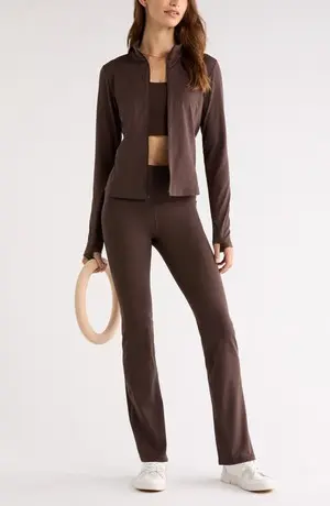 Zella Thrive Rib Knit Zip Front Sweatshirt - Brown Mole