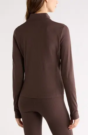 Zella Thrive Rib Knit Zip Front Sweatshirt - Brown Mole
