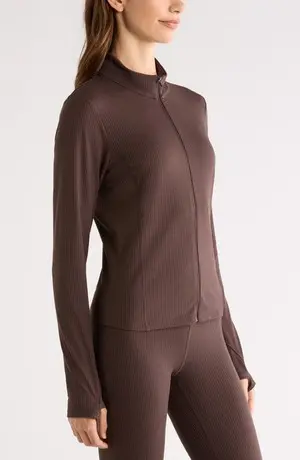 Zella Thrive Rib Knit Zip Front Sweatshirt - Brown Mole