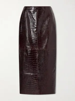 Nour Hammour Paneled Croc-effect Leather Midi Skirt