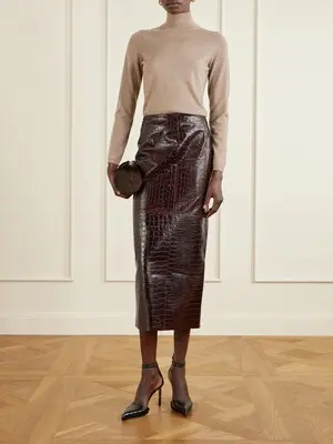 Nour Hammour Paneled Croc-effect Leather Midi Skirt
