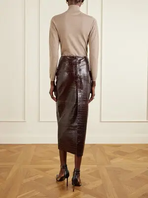 Nour Hammour Paneled Croc-effect Leather Midi Skirt
