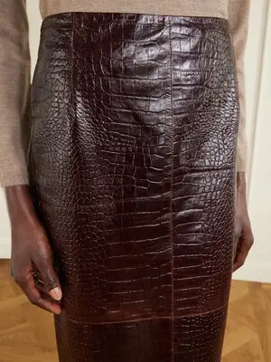 Nour Hammour Paneled Croc-effect Leather Midi Skirt