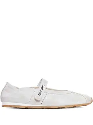 Miu Miu Aged Effect Suede Ballerinas With Plume - White