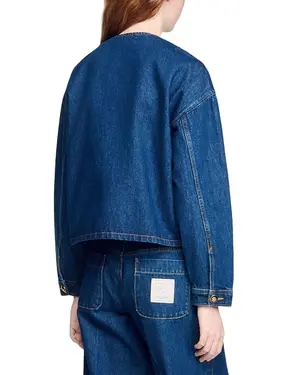Sandro Collarless Denim Jacket - Deep Blue