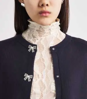 Maje Wool Rib-knit Bow Cardigan - Blue