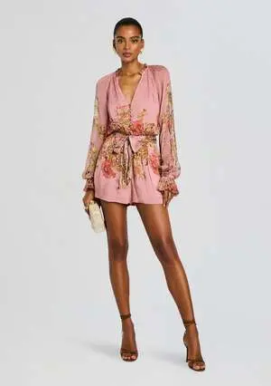Hemant & Nandita Printed Romper With Tie Belt - Dusty Pink