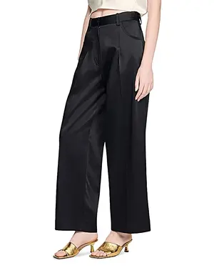 Sandro Satin Effect Wide Leg Trousers - Black