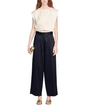 Sandro Satin Effect Wide Leg Trousers - Black