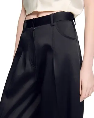 Sandro Satin Effect Wide Leg Trousers - Black