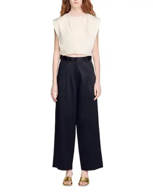 Sandro Satin Effect Wide Leg Trousers - Black