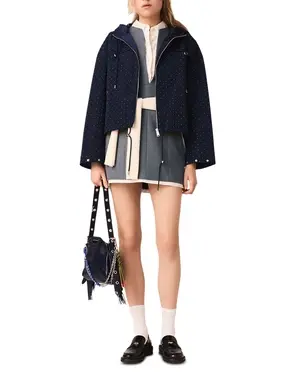 Maje Rhinestone Hooded Windbreaker - Navy