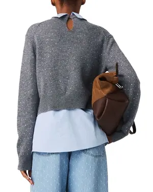 Maje Rhinestone Sweater With Poplin Shirt Detail - Grey
