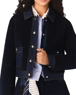 Maje Boucle Denim Trucker Jacket - Navy