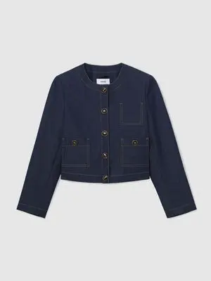 REISS Edie Collarless Denim-look Cropped Jacket