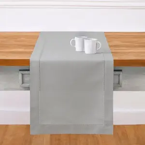 Solino Home Cotton Linen Hemstitch Table Runner For Dining Table Light Grey