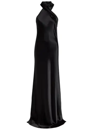 Galvan Cascading Satin Gown - Black