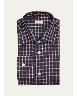 Kiton Linen-blend Windowpane Plaid Dress Shirt - Navy Blu
