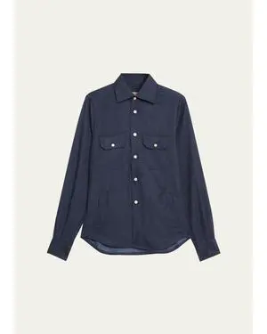 Kiton Cashmere Twill Double-pocket Button-down Shirt - Navy