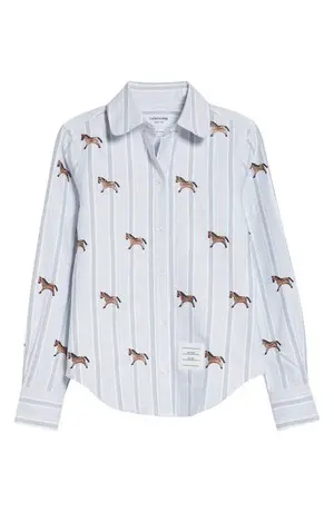 Thom Browne Lunar New Year Horse Embroidered Oxford Shirt - Medium Blue